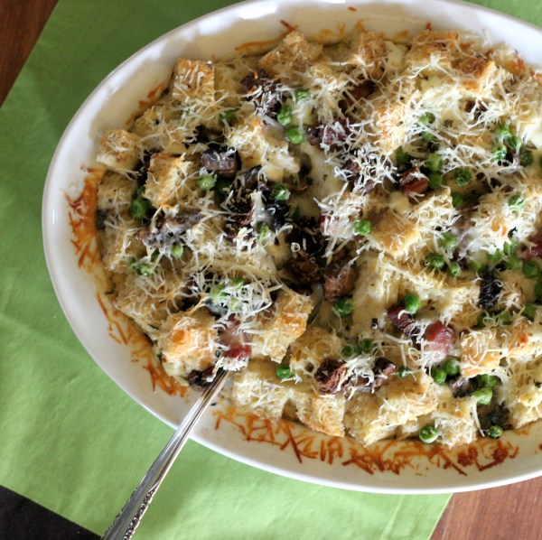 Mushroom Bread Pudding With Spring Peas and Ham | Bob Vivant